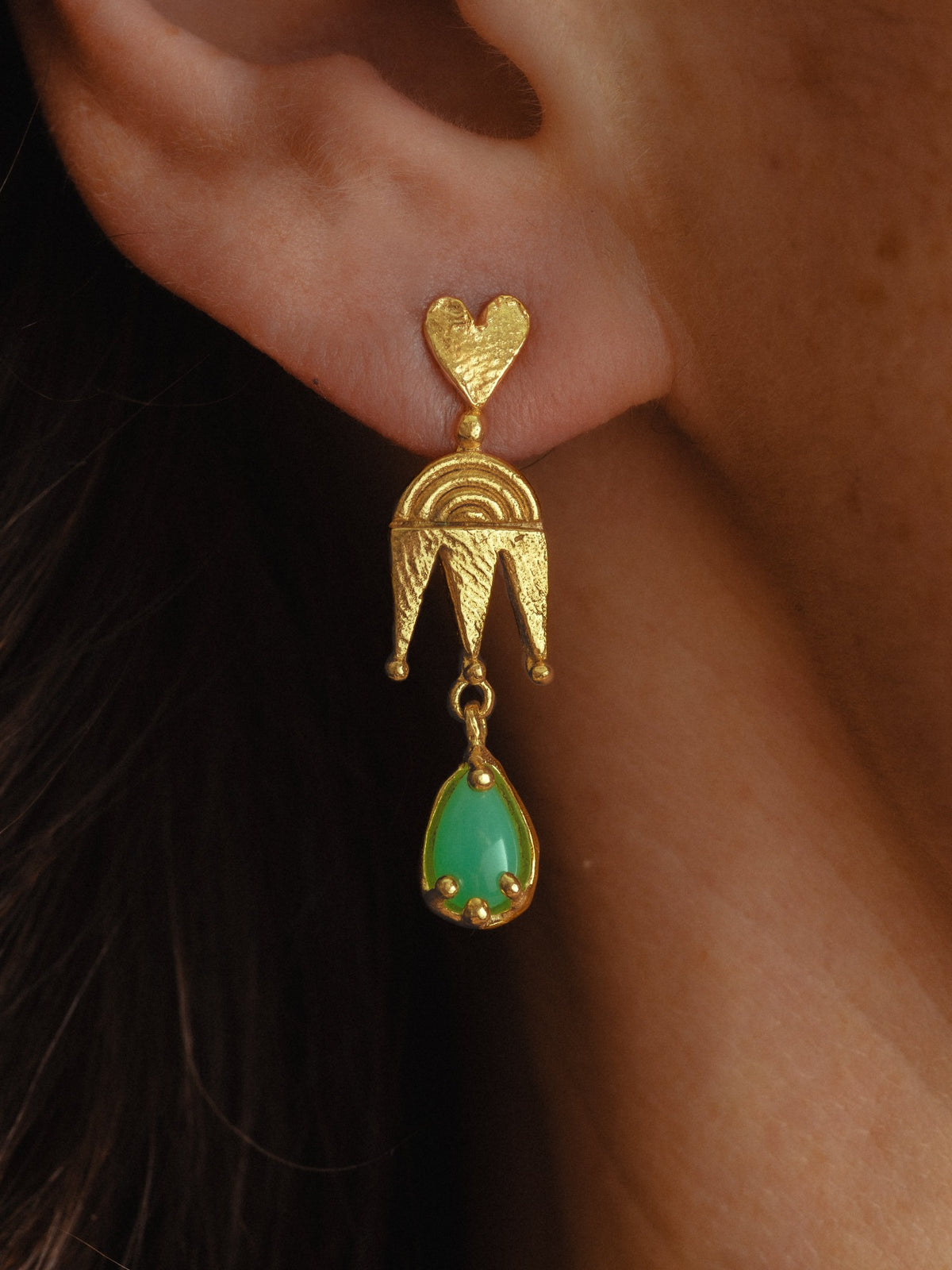The Bauhaus Circus Earrings - 24k Gold Plated Chrysophrase Heart Charms